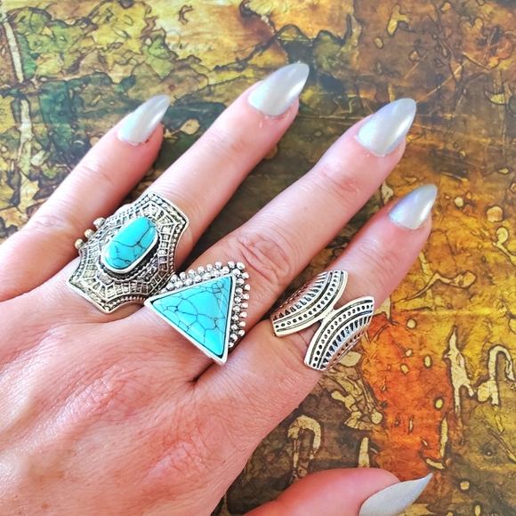 Jewelry | 3 Pc Turquoise Silvertone Boho Ring Set | Poshmark